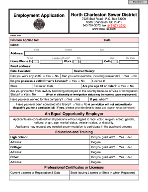 Fillable Online Print Form North Charleston Sewer District Employment Application 7225 Stall ...