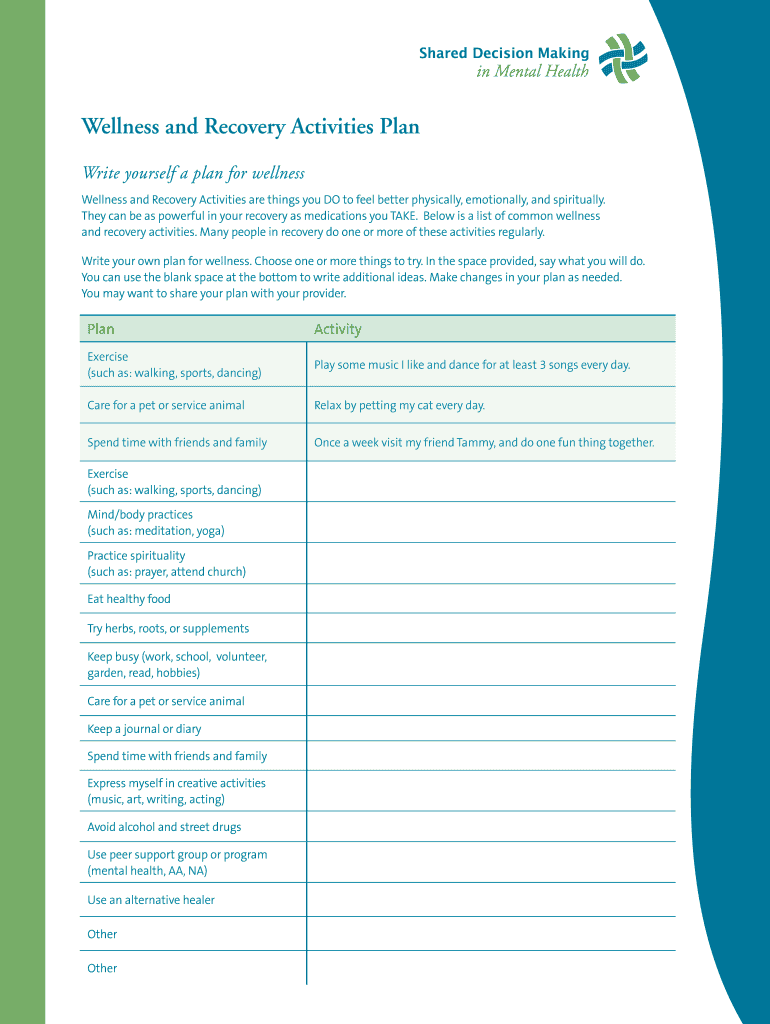 Fillable Online Wellness and Recovery Activities Tool that consumers ...