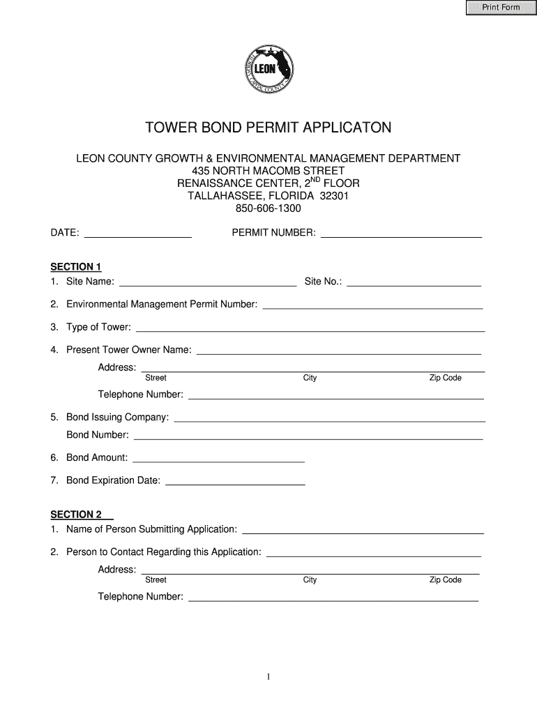 Fillable Online cms leoncountyfl TOWER BOND PERMIT APPLICATON - Leon ...