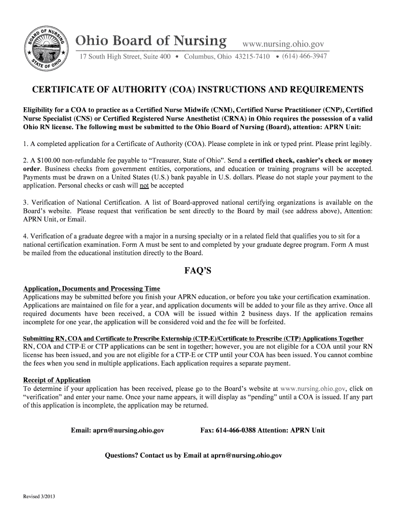 Fillable Online CERTIFICATE OF AUTHORITY COA INSTRUCTIONS AND ...