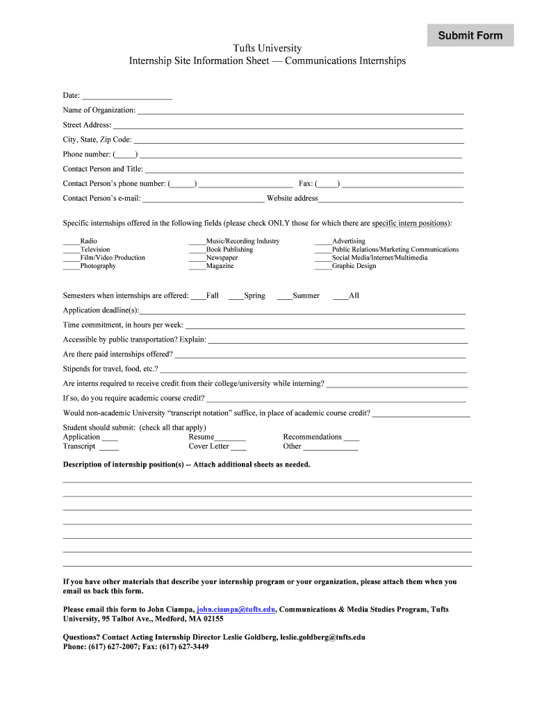 Fillable Online ase tufts Tufts University Internship Site Information ...