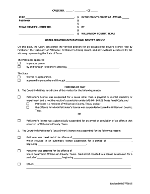 Fillable Online Order for Occupational Drivers License Updated 01-07 ...