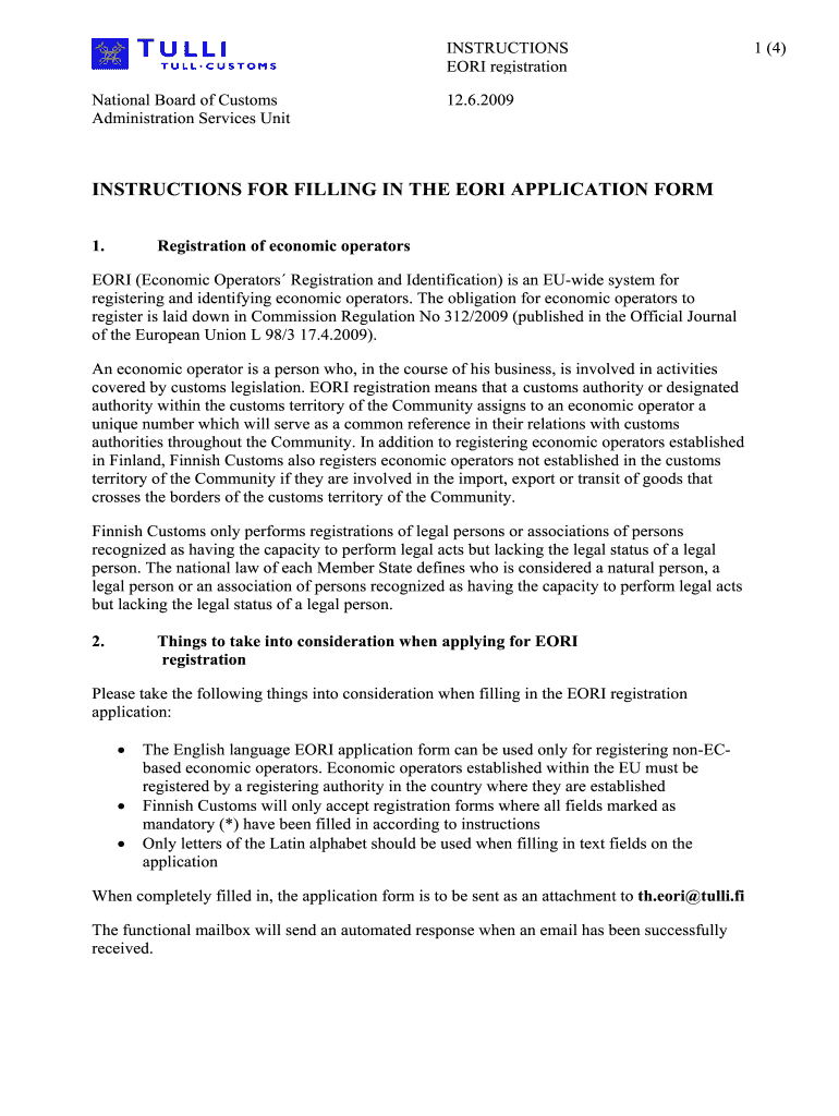 Fillable Online aere INSTRUCTIONS FOR FILLING IN THE EORI APPLICATION ...