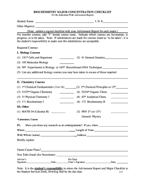 Fillable Online ase tufts BIOCHEMISTRY MAJOR CONCENTRATION CHECKLIST To ...