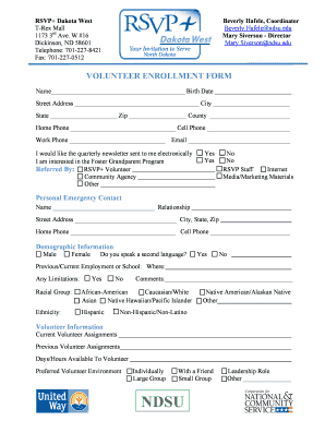 Fillable Online VOLUNTEER ENROLLMENT FORM - brsvpndcomb Fax Email Print ...