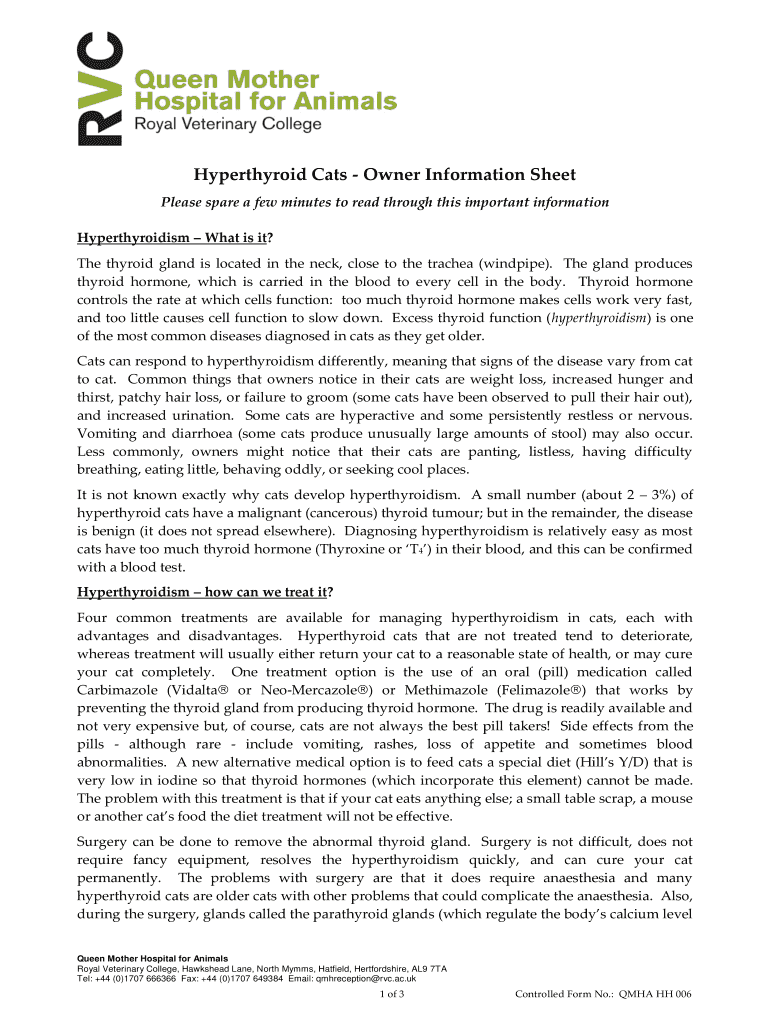 Fillable Online Hyperthyroid Cats - Owner Information Sheet Fax Email ...