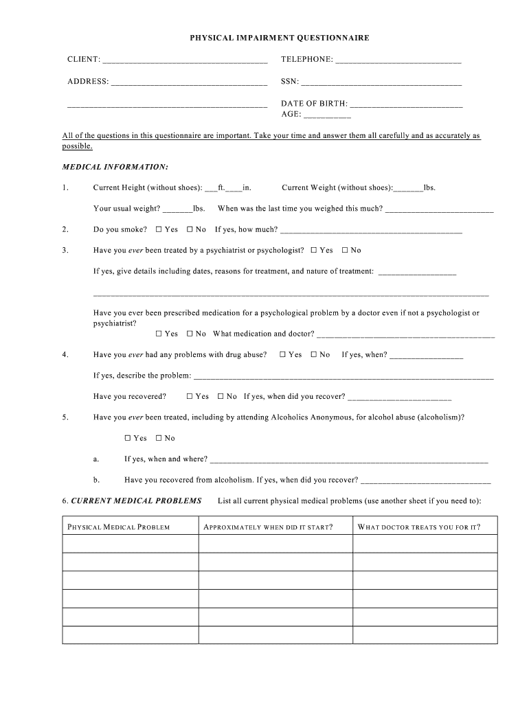 Fillable Online PHYSICAL IMPAIRMENT QUESTIONNAIRE Fax Email Print ...