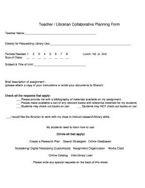 Fillable Online Teacher Librarian Collaborative Planning Form Fax Email ...
