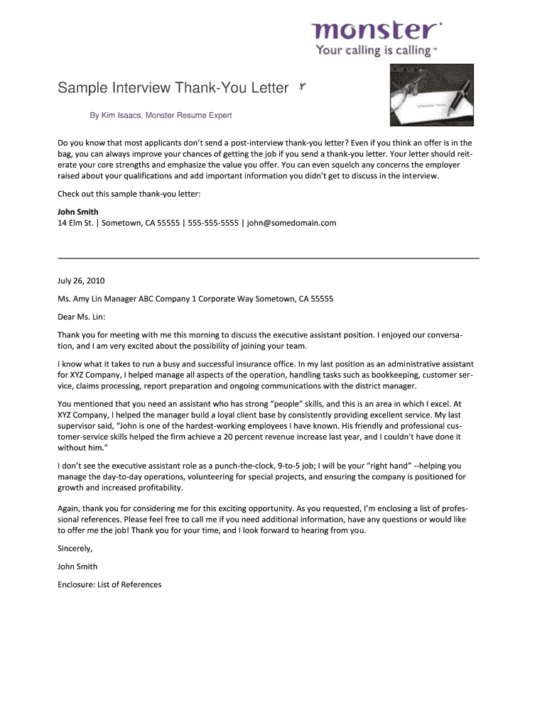 Fillable Online Sample Interview Thank-You Letter Fax Email Print ...