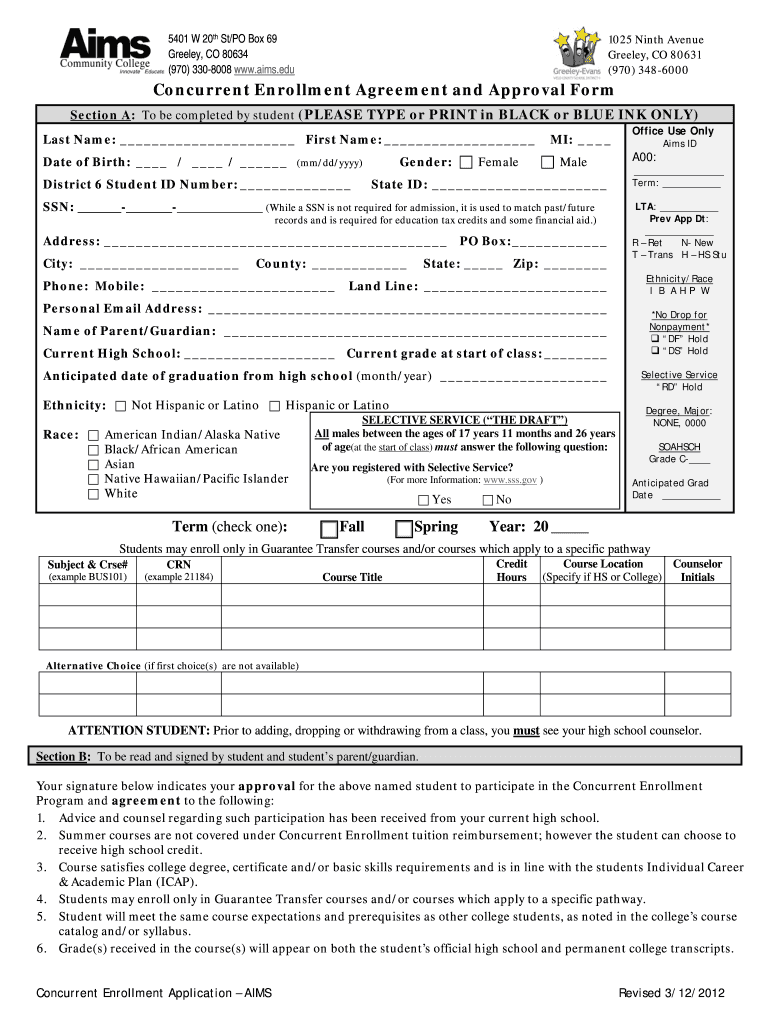 Fillable Online greeleyschools Concurrent Enrollment CE - greeleyschoolsorg Fax Email Print ...