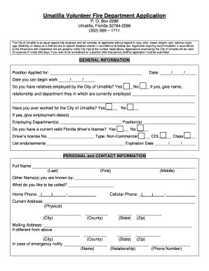 Fillable Online Umatilla Volunteer Fire Department Application Fax ...
