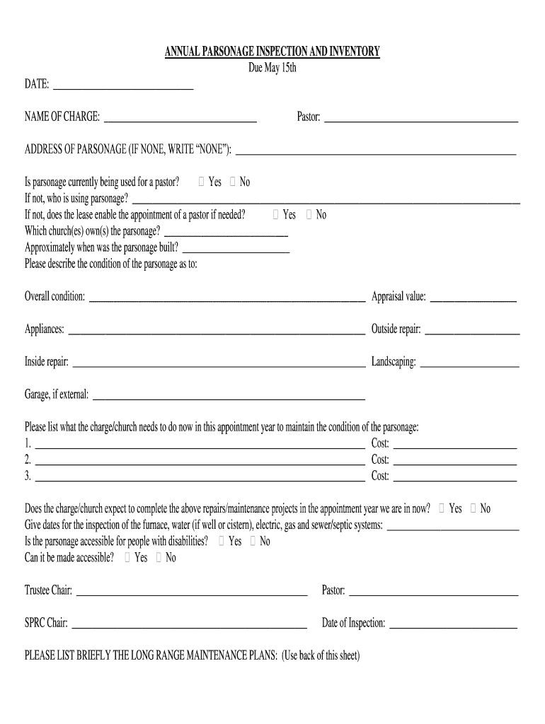 Fillable Online 2004 ANNUAL PARSONAGE INSPECTION AND INVENTORY Fax ...
