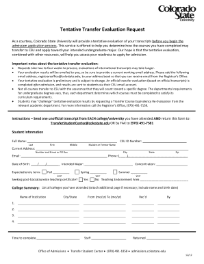 Fillable Online warnercnr colostate TRANSFER EVALUATION REQUEST Fax Email Print - pdfFiller