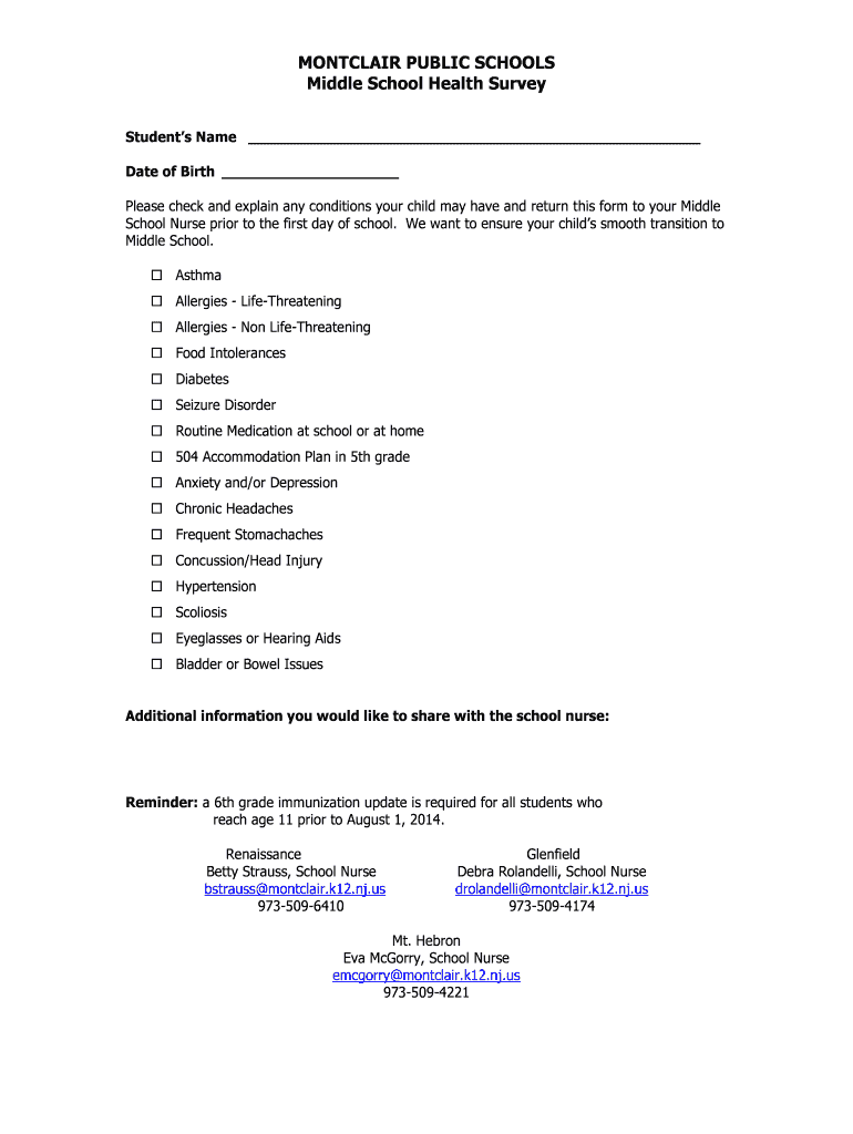 Fillable Online Middle School Health Survey Fax Email Print - pdfFiller