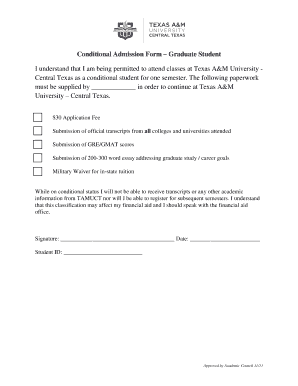 Fillable Online Conditional Admission Form Graduate Student - Texas AM ...
