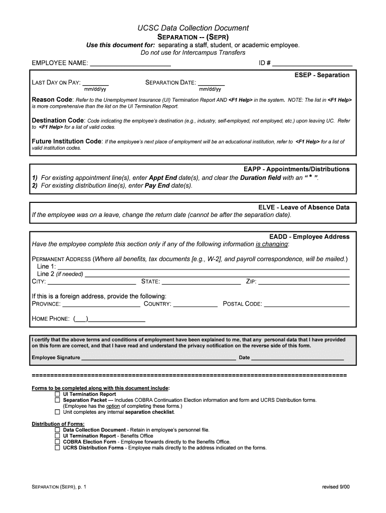 Fillable Online financial ucsc UCSC Data Collection Document SEPARATION -- SEPR Use this Fax ...