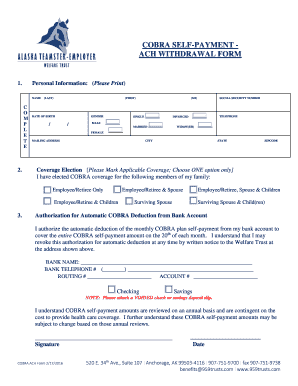 Fillable Online COBRA SELF-PAYMENT ACH WITHDRAWAL FORM Fax Email Print ...