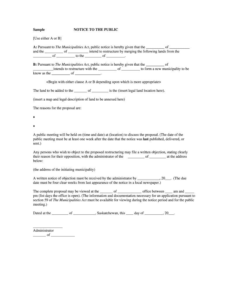 Fillable Online Sample NOTICE TO THE PUBLIC A The Municipalities Act ...