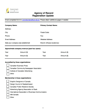Fillable Online Agency of Record Registration Update - Saskatchewan Fax ...