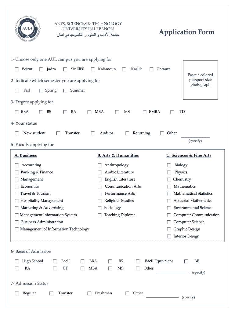 Fillable Online aul edu Online Application - arts sciences technology ...
