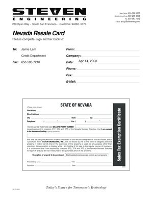 Fillable Online Nevada Resale Card - Steven Engineering Fax Email Print ...