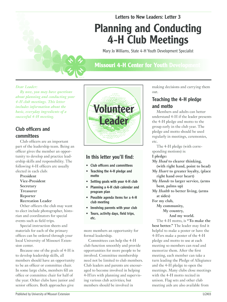 Fillable Online 4h missouri Letters to New Leaders Letter 3 Planning ...