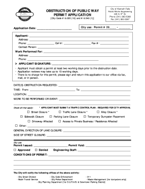 Fillable Online OBSTRUCTION OF PUBLIC WAY PERMIT - klamathfallscity Fax ...