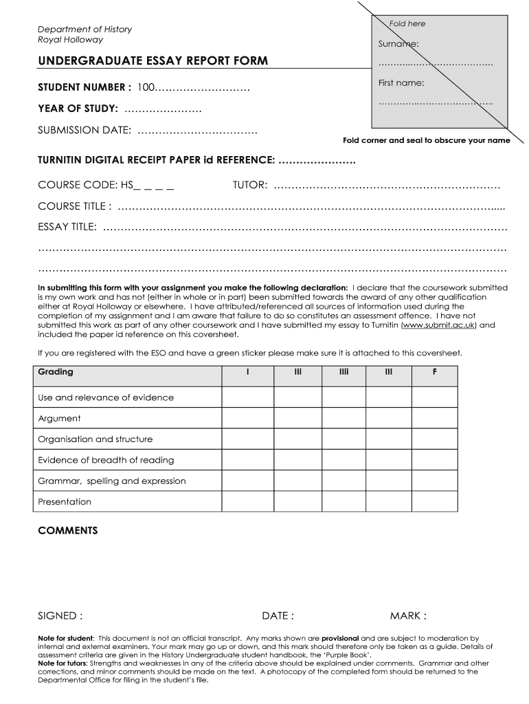 Fillable Online UNDERGRADUATE ESSAY REPORT FORM Fax Email Print - pdfFiller