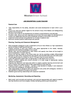 Fillable Online JOB DESCRIPTION: CLASS TEACHER Fax Email Print - pdfFiller