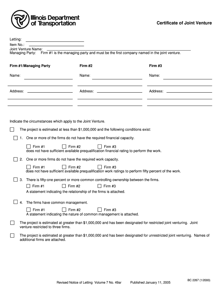 Fillable Online Certificate of Joint Venture Letting: Item No Fax Email ...