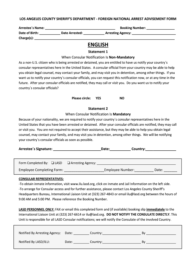 Fillable Online LOS ANGELES COUNTY SHERIFFS DEPARTMENT FOREIGN NATIONAL ...