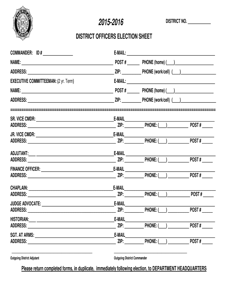 Fillable Online ctlegion DISTRICT OFFICERS ELECTION SHEET Fax Email ...