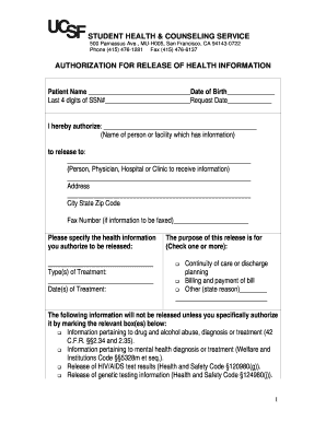 Fillable Online studenthealth ucsf Medical Release form - UCSF Student ...