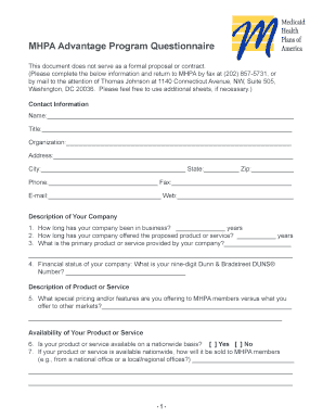 Fillable Online mhpa MHPA Advantage Program Questionnaire - mhpa Fax ...