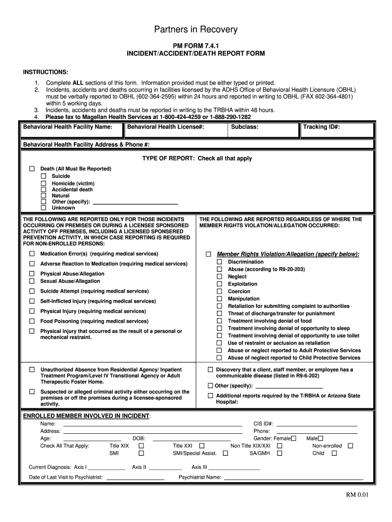 Fillable Online PM FORM 741 INCIDENTACCIDENTDEATH REPORT FORM Fax Email ...