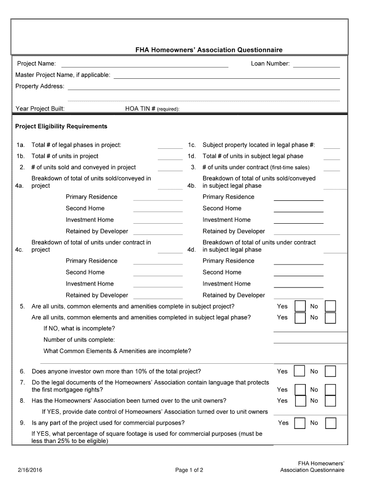 Fillable Online FHA Homeowners Association Questionnaire Fax Email ...