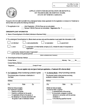 Fillable Online APPLICATION FOR REGISTRATION OR RENEWAL OF TRADEMARK OR ...
