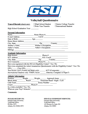 Fillable Online Volleyball Questionnaire - georgiastatesportscom Fax ...