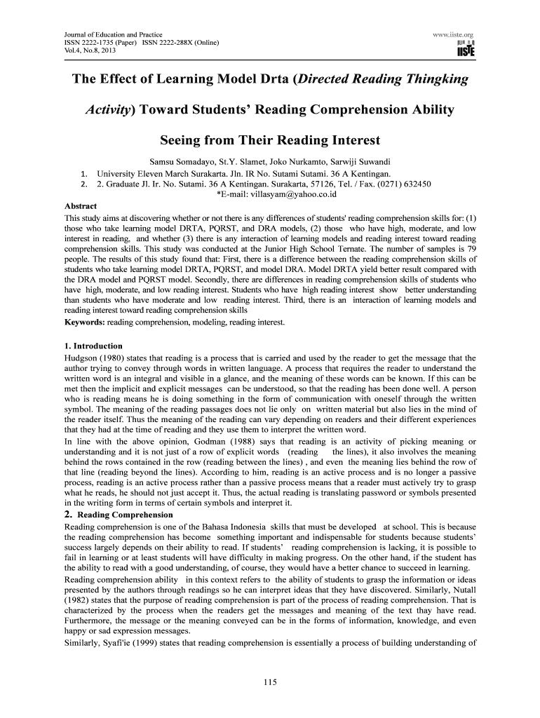 Fillable Online The Effect of Learning Model Drta (Directed Reading ...