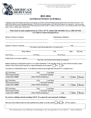 Fillable Online 2015-2016 LETTER OF INTENT TO ENROLL Fax Email Print ...
