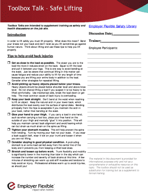 Fillable Online Toolbox Talk Safe Lifting - Employer Flexible Fax Email ...