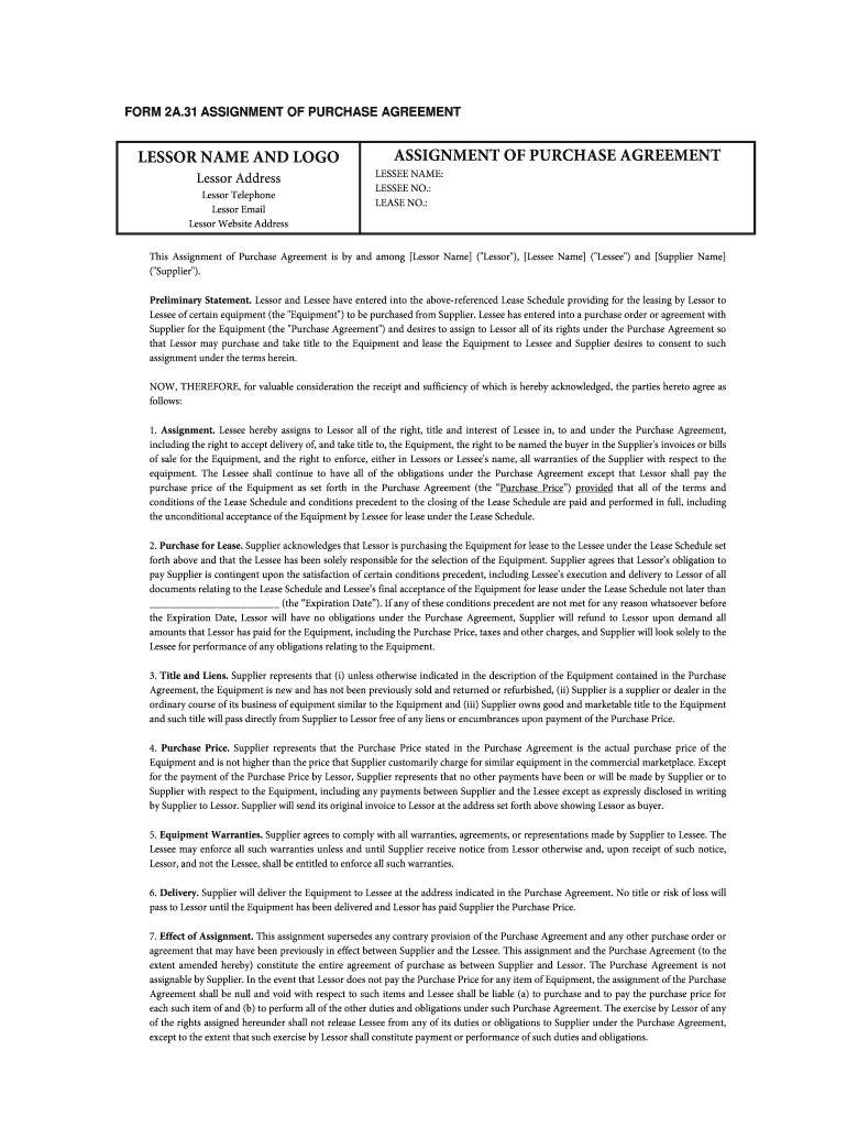 Fillable Online FORM 2A31 ASSIGNMENT OF PURCHASE AGREEMENT Fax Email ...