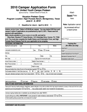 Fillable Online 2010 Camper Application Form for United Youth Camps ...