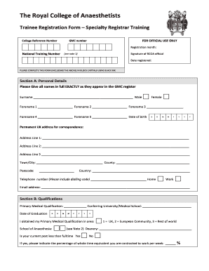 Fillable Online rcoa ac Trainee Registration Form Specialty Registrar ...
