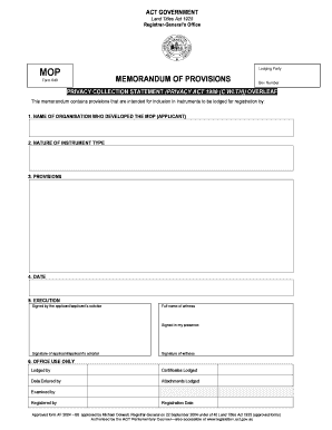 Fillable Online legislation act gov MOP MEMORANDUM OF PROVISIONS - ACT ...