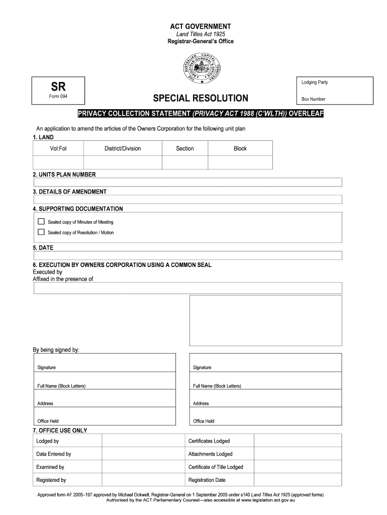 Fillable Online legislation act gov SPECIAL RESOLUTION - ACT ...