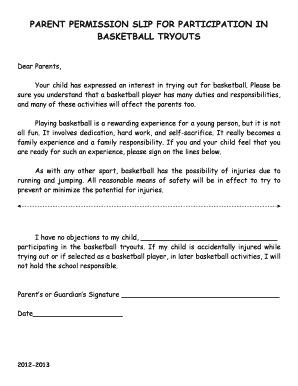 Fillable Online PARENT PERMISSION SLIP FOR PARTICIPATION IN BASKETBALL ...