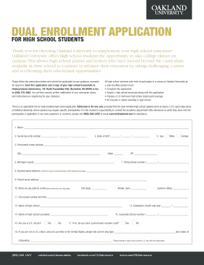 Fillable Online DUAL ENROLLMENT APPLICATION - Oakland University Fax ...