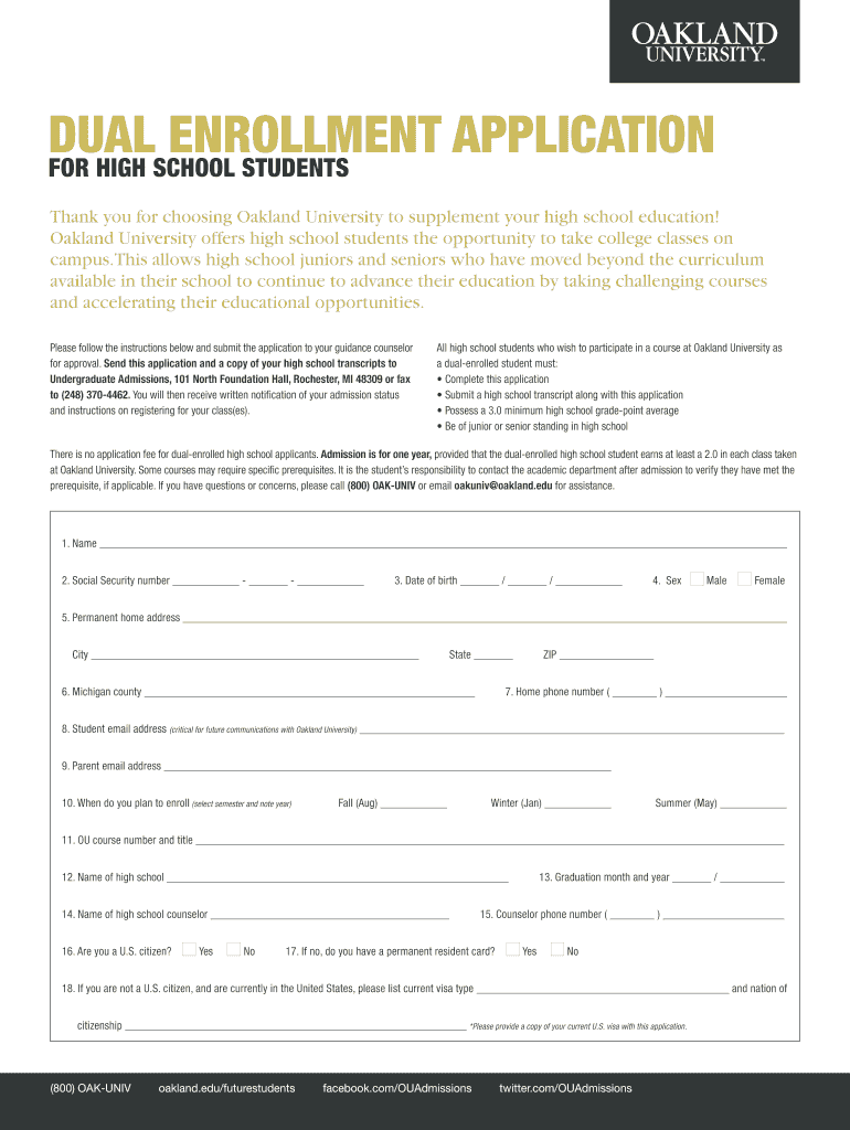 Fillable Online DUAL ENROLLMENT APPLICATION - Oakland University Fax ...