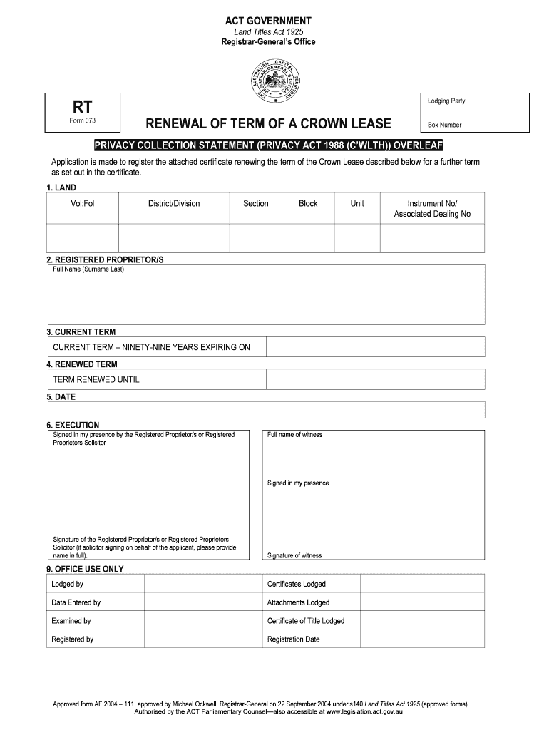 Fillable Online legislation act gov RENEWAL OF TERM OF A CROWN LEASE ...